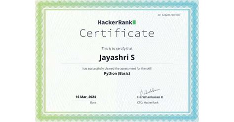 finished and earned python certification on hackerrank jayashri s