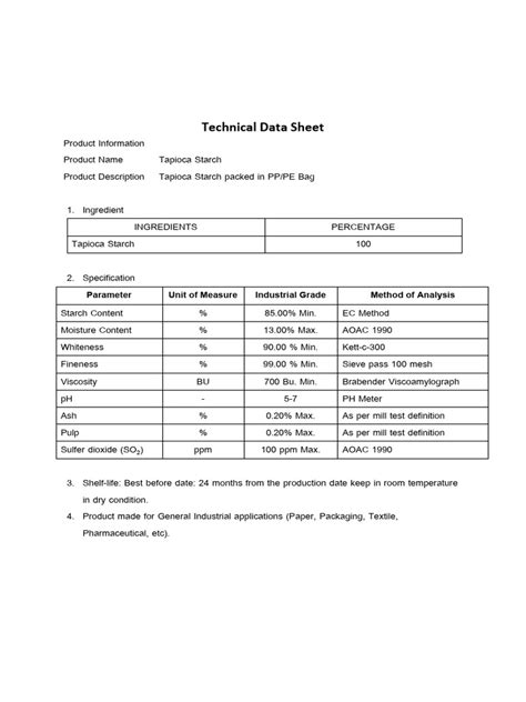 Technical Data Sheet Tapioca Starch Pdf