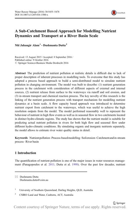 A Sub Catchment Based Approach For Modelling Nutrient Dynamics And Transport At A River Basin