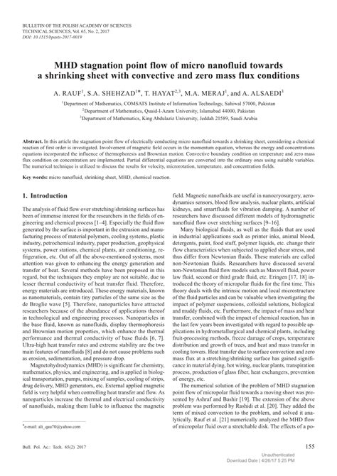 Pdf Mhd Stagnation Point Flow Of Micro Nanofluid Towards A Shrinking