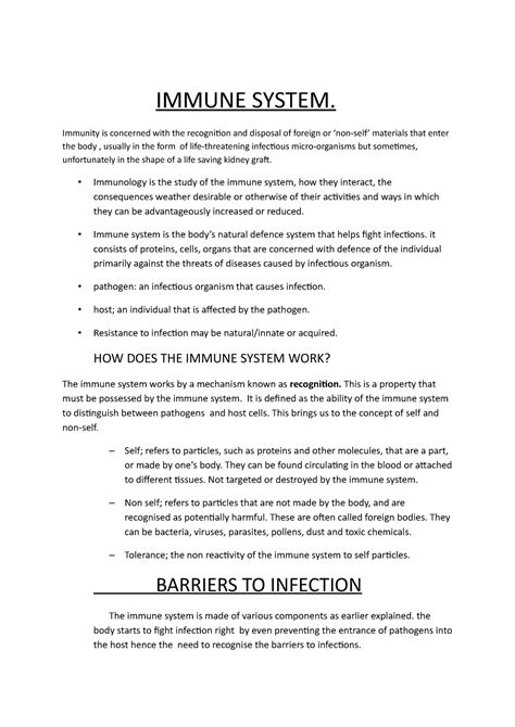 Immune System WORD Lecture Notes IMMUNE SYSTEM Immunity Is Concerned With The Recognition