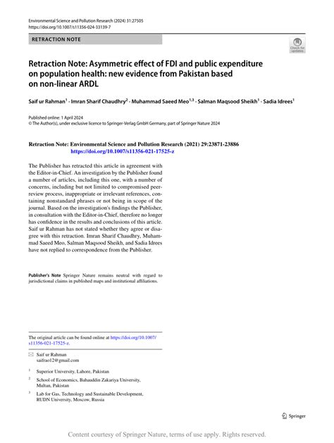 Retraction Note Asymmetric Effect Of Fdi And Public Expenditure On