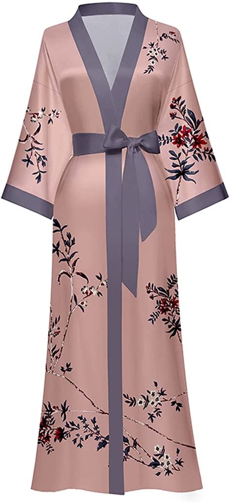 Amitofo Silk Kimono Robe For Women Full Length Lightweight Satin