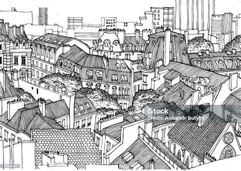 위에서 파리의 지붕입니다 흑백 선형 그래픽 출판 포스터 배너의 배경에 적합합니다 소셜 네트워크 기사 간행물 엽서 인쇄에 사용할