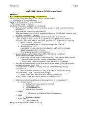 Midterm Review Sheet Docx Spring 2020 Bogart ANT 2301 Midterm 15 Review Sheet Module 1