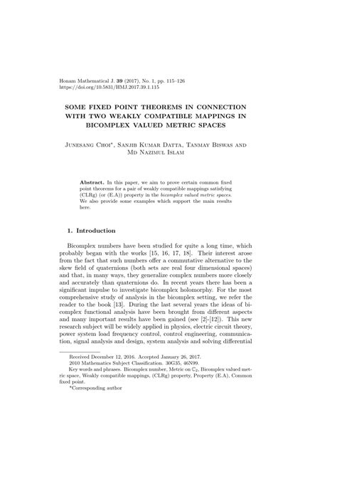 Pdf Some Fixed Point Theorems In Connection With Two Weakly Compatible Mappings In Bicomplex