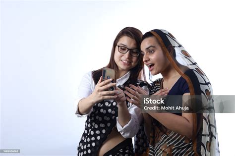 Happy Woman Villager Beautiful Indian Widow Woman In Saree Taking A Selfie With Her Friend