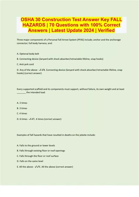 OSHA 30 Construction Test Answer Key FALL HAZARDS 70 Questions With 100 Correct Answers