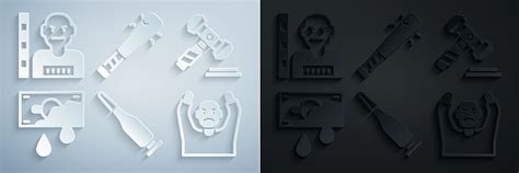 세트 총알 판사 의사봉 피 묻은 돈 손을 들고 항복하는 도둑 못이 박힌 야구 방망이 및 용의자 범죄 아이콘 벡터 3차원 형태에