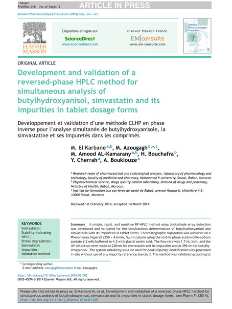 pdf development and validation of a reversed phase hplc method for simultaneous analysis of