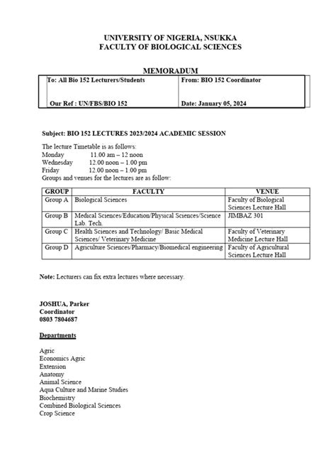Bio 152 Lecture Schedule 2023 2024 Pdf Biotechnology Metabolism