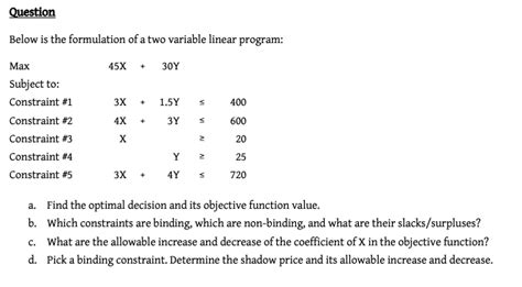 solved question below is the formulation of a two variable