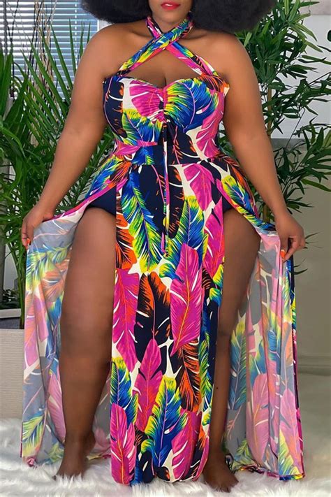 Wholesale Yellow Fashion Sexy Plus Size Print Backless Slit Halter