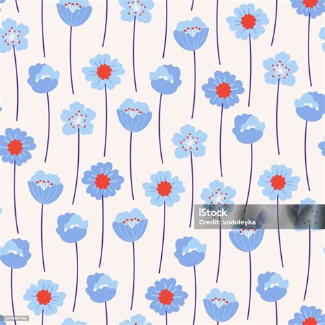 흰색 배경에 푸른 야생화가 있는 완벽 한 패턴입니다 초원 꽃 꽃 여름 벡터 일러스트 레이 션 밝은 봄 식물 배경 현대적인 스타일의 디자인 0명에 대한 스톡 벡터 아트 및