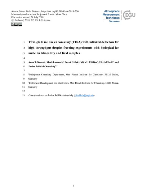 Pdf Twin Plate Ice Nucleation Assay Tina With Infrared Detection For High Throughput Droplet