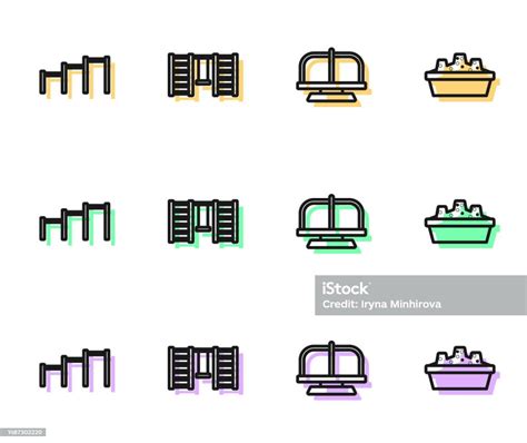 세트 라인 어트랙션 회전목마 스포츠 수평 막대 스웨덴 벽 모래 아이콘이 있는 샌드박스 벡터 건강한 생활방식에 대한 스톡 벡터 아트 및 기타 이미지 Istock