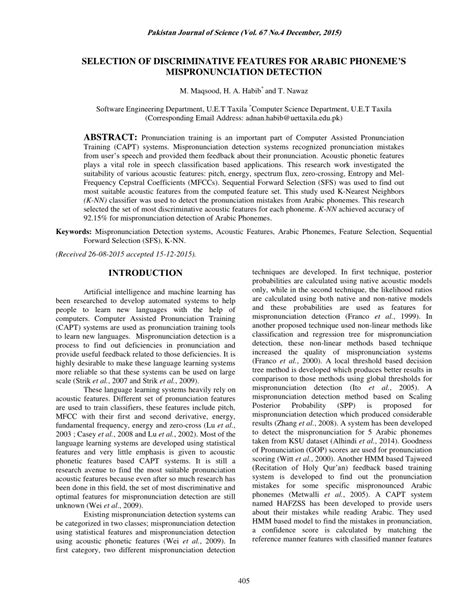 Pdf Selection Of Discriminative Features For Arabic Phonemes Mispronunciation Detection