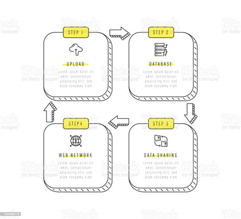 인포그래픽 디자인 템플릿입니다 업로드 데이터베이스 웹 네트워크 데이터 공유 아이콘4 가지 옵션 또는 단계 0명에 대한 스톡 벡터