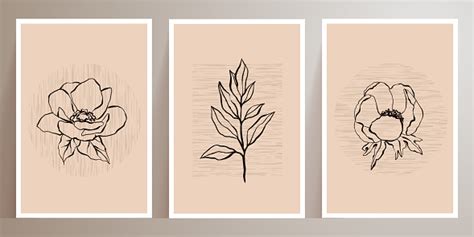추상적 인 트렌디 한 식물벽 예술 단풍 라인 아트 드로잉 모양 최소한의 자연 벽 예술 벡터 일러스트 꽃은 손으로 라인 잉크로 그려집니다 미니멀한 미적 포스터 세트 가을에