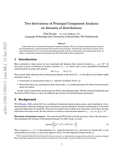 Pdf Two Derivations Of Principal Component Analysis On Datasets Of Distributions