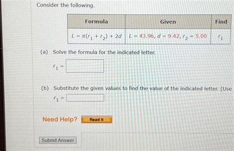 Solved Consider The Following A Solve The Formula For The