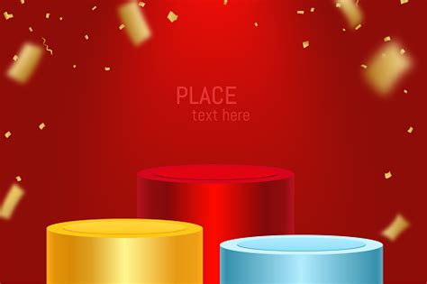 우승자 3d 현실적인 연단 빨간색 배경에 세 개의 제품이 표시됩니다 떨어지는 황금 색종이 승자를위한 받침대 공연에 대한 스톡