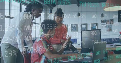 Animation Of Stock Market Over Diverse Colleagues Discussing Work In Office Stock Video Video