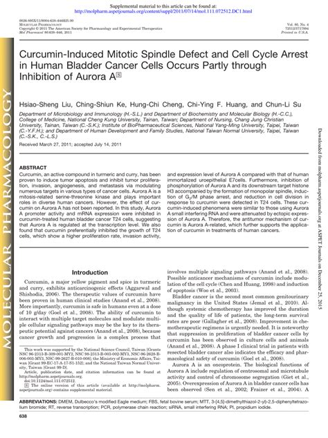 Pdf Curcumin Induced Mitotic Spindle Defect And Cell Cycle Arrest In Human Bladder Cancer