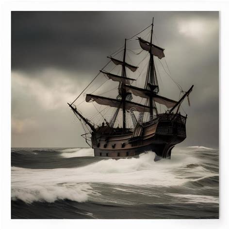 Haunted Pirate Ship Ghostly Pirate Ship Sailing Through Stormy Seas With Tattered Sails And