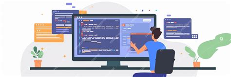 Developer Coding On Large Monitor Surrounded By Floating Ui Elements