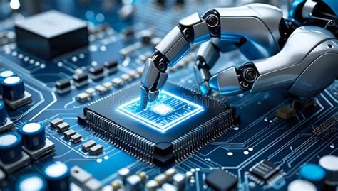 Close Up Shows A Robotic Arm Interacting With A Microchip On A Circuit