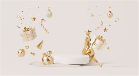 3d 렌더링 메리 크리스마스와 새해 복 많이 받으세요 제품 전시를 위한 빈 연단 크리스마스 요소 장식을 가진 배경 0명에 대한 스톡 사진 및 기타 이미지 Istock