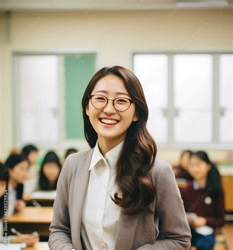 교생 실습을 나온 사범대학 여학생 선생님이 한국의 여자 중학교 교실에서 카메라를 향해 밝게 미소를 짓고 있는 모습 Stock Illustration Adobe Stock