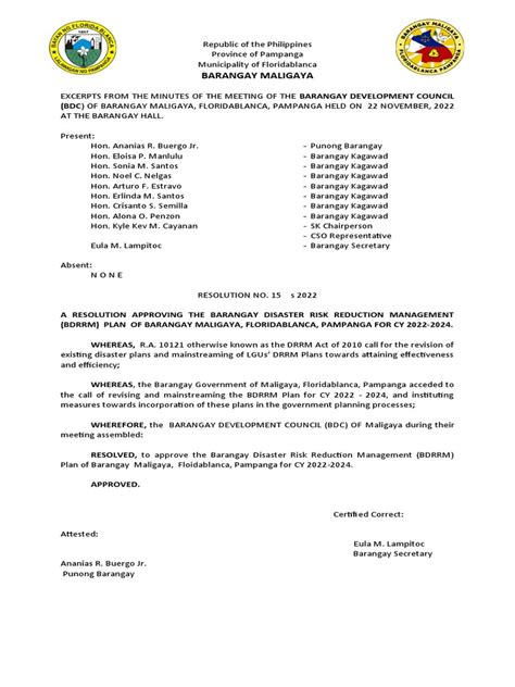 Bdc Res Approving The Bdrrm Plan Budget Pdf