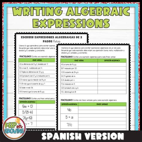 Writing Algebraic Expressions Lesson Packet By Keep On Growing Tpt