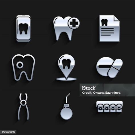 치과 진료소 위치 관장 배 교정기가있는 치아 약 알약 또는 정제 펜치 치아 우식증 클립 보드 치과 카드 및 온라인 진료 아이콘을 설정합니다 벡터 건강 진단에 대한 스톡 벡터