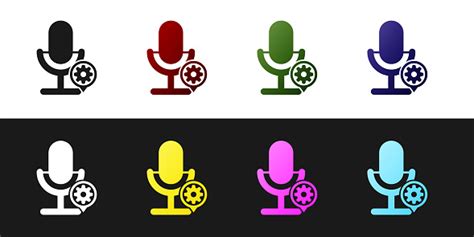 흑백 배경에 고립 된 마이크 및 기어 아이콘을 설정 합니다 조정 응용 프로그램 서비스 개념 설정 옵션 유지 보수 수리 고정 벡터 일러스트 개념에 대한 스톡 벡터 아트 및