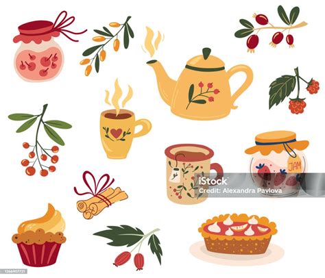 티 타임 귀여운 세트 찻주전자 컵 잼 딸기 계피 머핀 및 파이 뜨거운 음료 홈 편의 아늑한 가을 컬렉션 흰색 배경에 격리 된 벡터 만화 그림입니다 차 뜨거운 음료에 대한