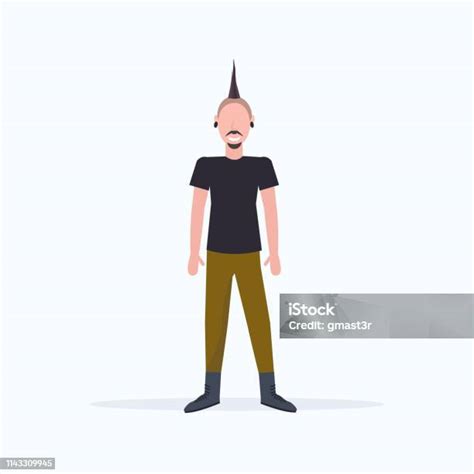 행복 한 남자 펑크와 이로쿼이 스탠 딩 포즈 웃는 남자 착용 트 렌 디 한 옷 남성 만화 캐릭터 전체 길이 평면 흰색 배경 털에