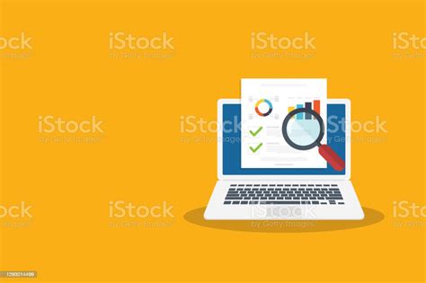 데이터 분석 랩톱 컴퓨터의 데이터 보고서 재무 감사 연구 분석 분석 문서 웹 보고서 통계 평가 벡터 일러스트레이션 개선에 대한 스톡 벡터 아트 및 기타 이미지 Istock