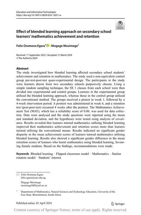 Pdf Effect Of Blended Learning Approach On Secondary School Learners Mathematics Achievement