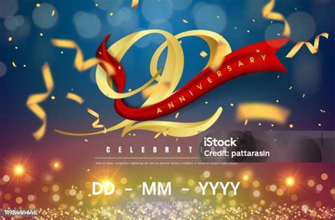 금과 파란색 배경에 92 주년 기념 로고 템플릿 빨간 리본 벡터와 색종이 고립 된 디자인 요소와 함께 92 번째 황금 숫자를 축하 광고에 대한 스톡 벡터 아트 및 기타