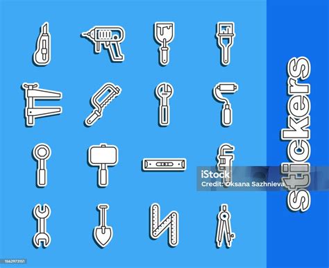 선 그리기 나침반 캘리퍼 또는 캘리퍼 및 스케일 페인트 롤러 브러시 퍼티 나이프 쇠톱 클램프 도구 문구 및 조정 가능한 렌치 아이콘을 설정합니다 벡터 건설 산업에 대한 스톡