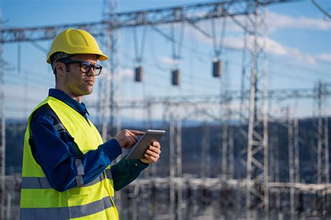 노란색 헬멧과 조끼를 입은 전기 기사가 바쁜 변전소에서 태블릿과 상호 작용하고 있습니다 30 34세에 대한 스톡 사진 및 기타 이미지 30 34세 건설 기계류 건설