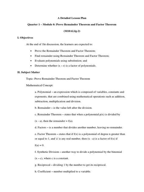 Dlp Remainder And Factors Theorem Pdf Factorization Polynomial