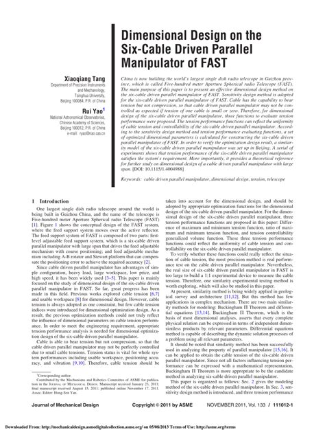 Pdf Dimensional Design On The Six Cable Driven Parallel Manipulator Of Fast