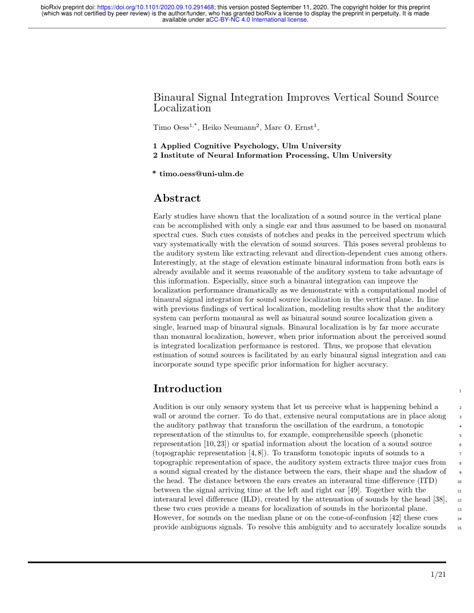 Pdf Binaural Signal Integration Improves Vertical Sound Source