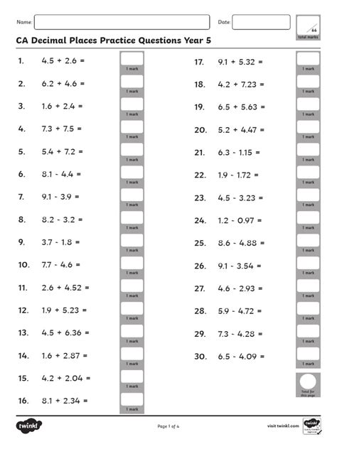 Ca Decimal Places Practice Questions Year 5 Pdf Mathematics Arithmetic