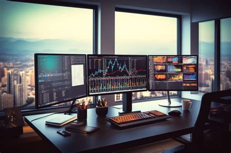 from a computer desk view financial data on multiple screens in an