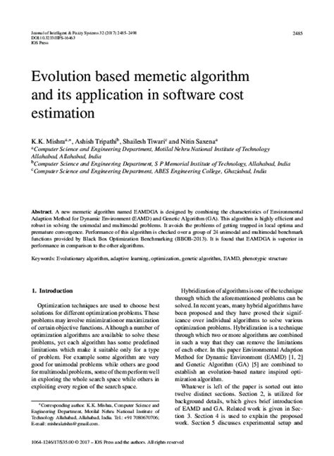 Pdf Evolution Based Memetic Algorithm And Its Application In Software Cost Estimation